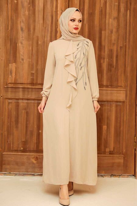 Modern Beige Islamic Long Sleeve Dress 12951BEJ - Neva-style.com