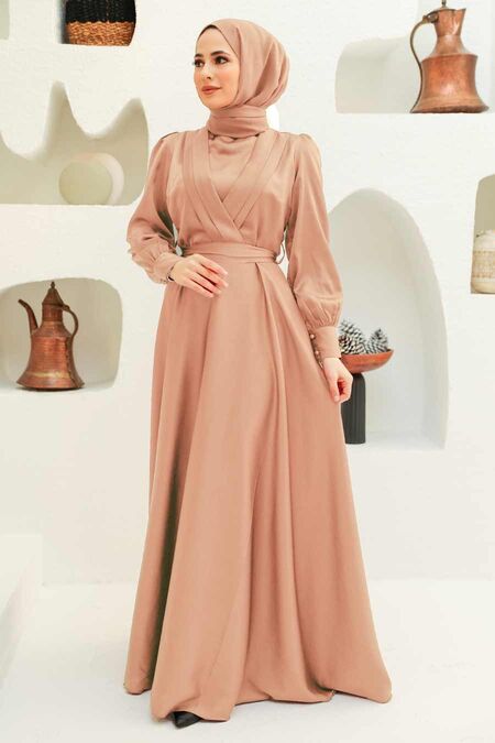 Satin Beige Islamic Engagement Gown 3367BEJ - Neva-style.com