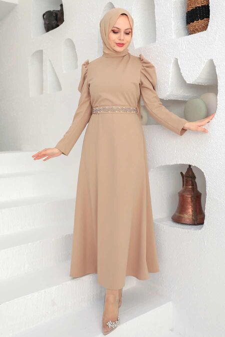 Long Beige Islamic Clothing Wedding Dress 45601BEJ - Neva-style.com