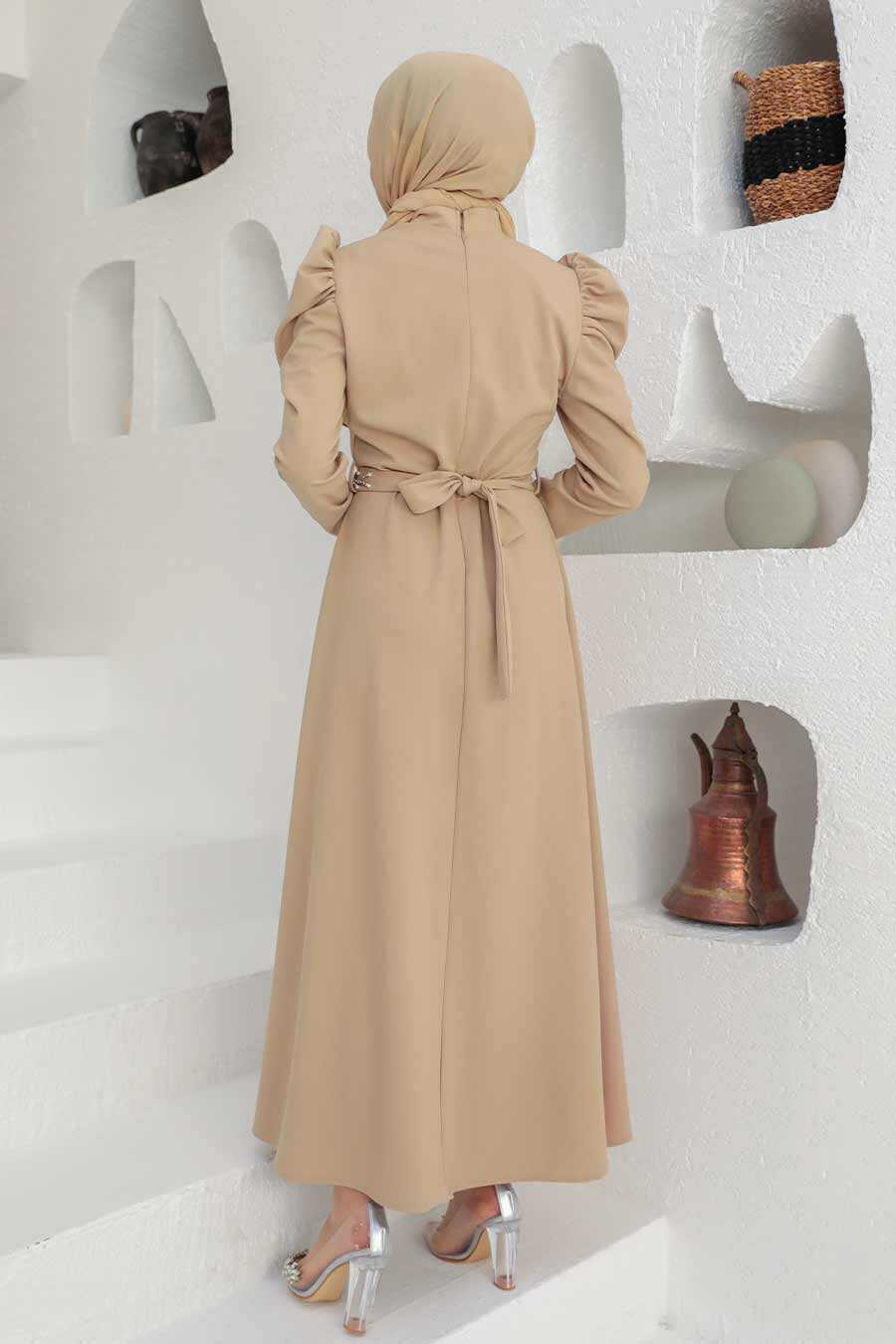 Long Beige Islamic Clothing Wedding Dress 45601BEJ - Neva-style.com