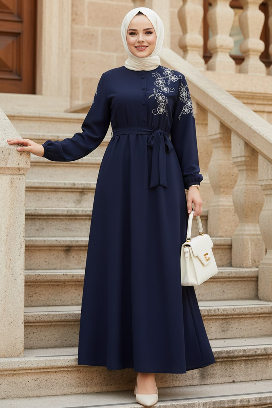 Belted Navy Blue Modest Dress 30550L - Neva-style.com