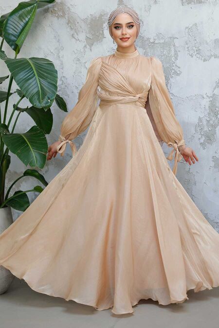 Biscuit Satin Modest Evening Gown 4823BS - Neva-style.com