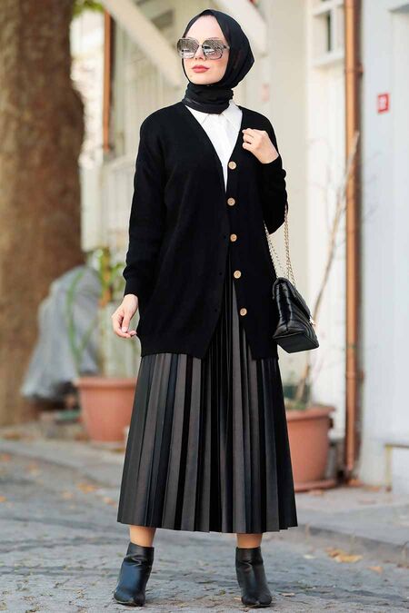 Black Hijab Knitwear Cardigan 2432S - Neva-style.com