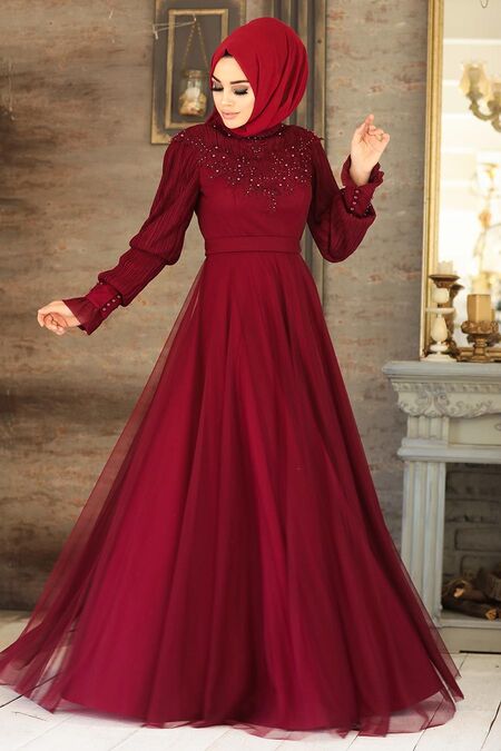 Modern Claret Red Islamic Clothing Prom Dress 21780BR - Neva-style.com