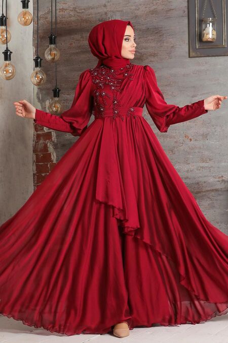 Modern Claret Red Islamic Bridesmaid Dress 21930BR - Neva-style.com
