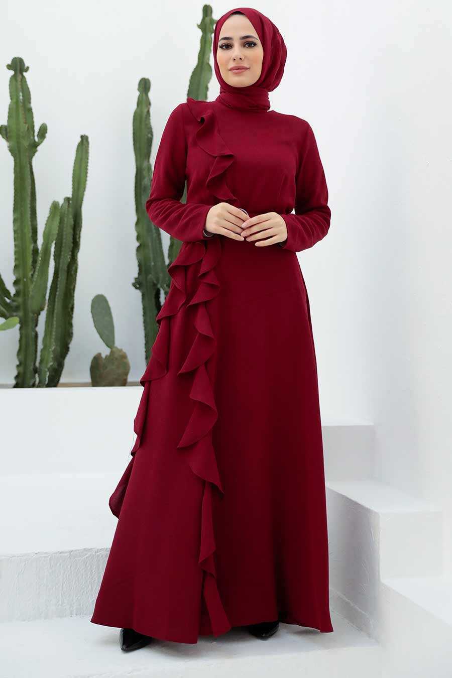 Stylish Claret Red Muslim Long Sleeve Dress 33010BR - Neva-style.com