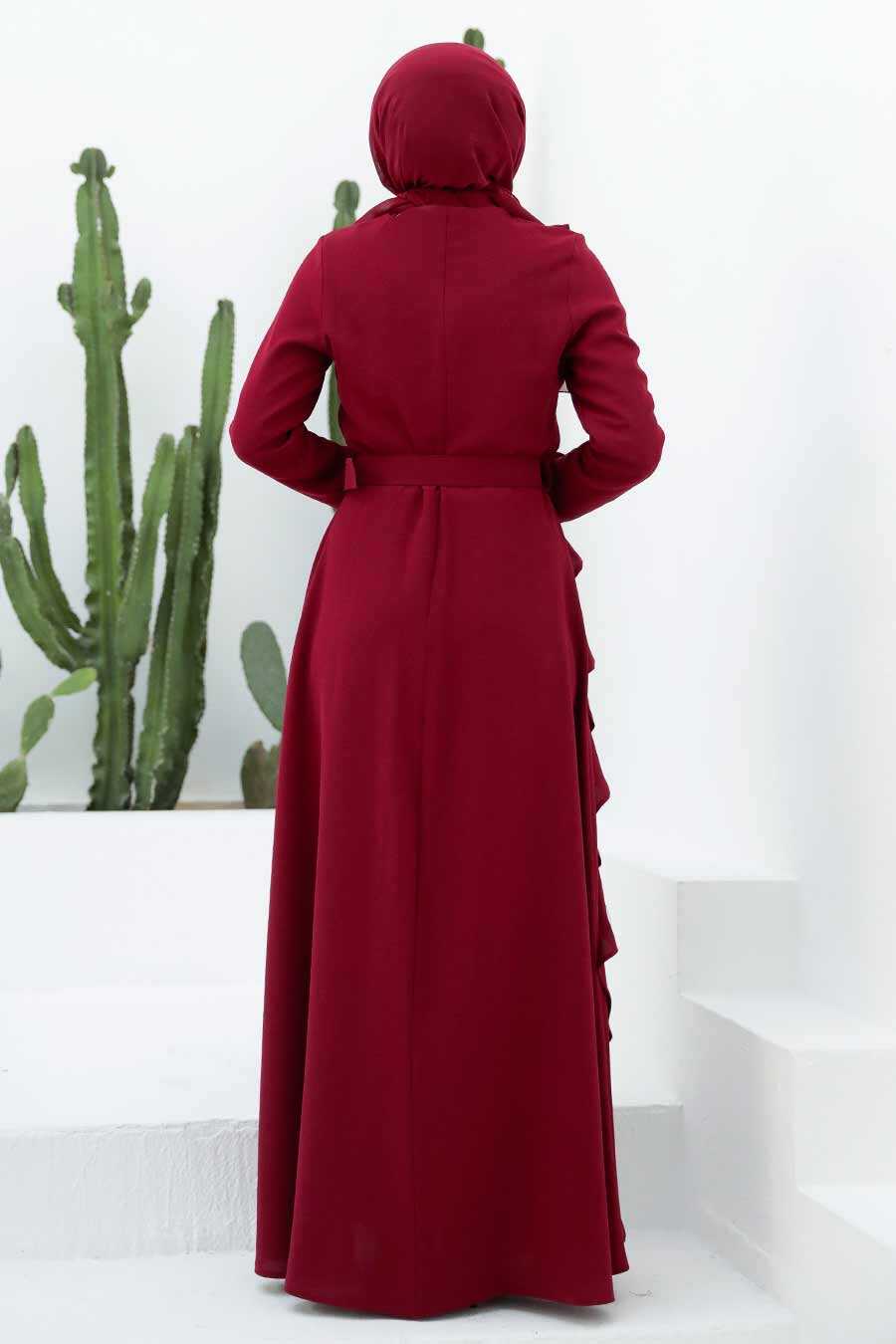 Stylish Claret Red Muslim Long Sleeve Dress 33010BR - Neva-style.com