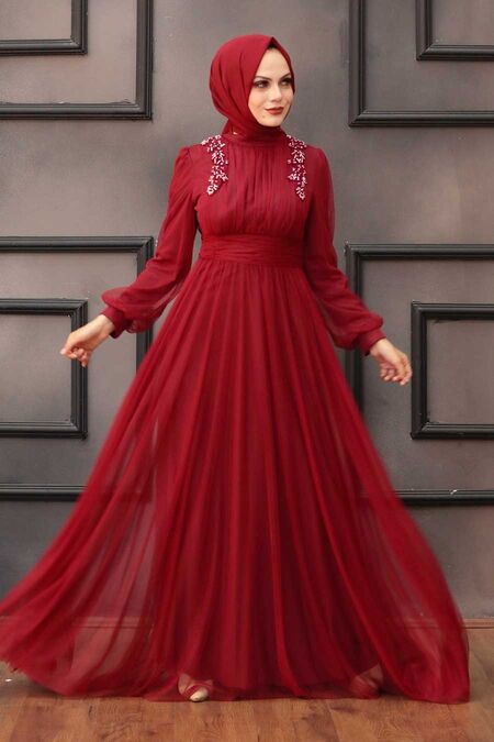 Long Sleeve Claret Red Hijab Wedding Dress 4348BR - Neva-style.com