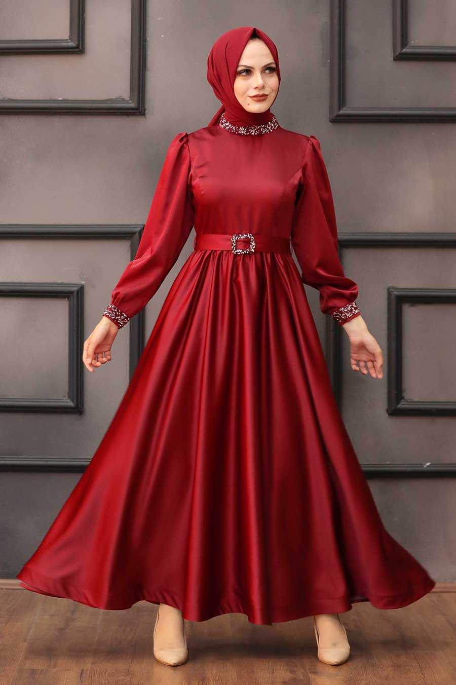 Claret Red Turkish Hijab Wedding Gown 4373BR - Neva-style.com