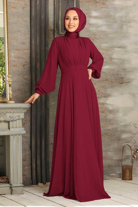 Plus Size Claret Red Islamic Clothing Evening Dress 5422BR - Neva-style.com
