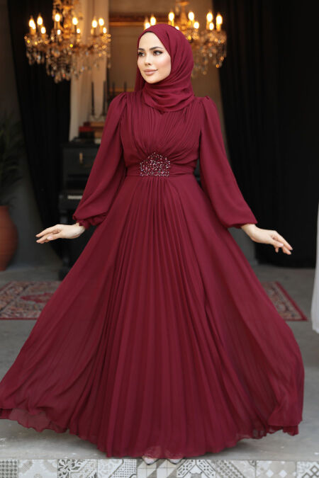 Claret Red Turkish Muslim Wedding Dress 32150BR - Neva-style.com