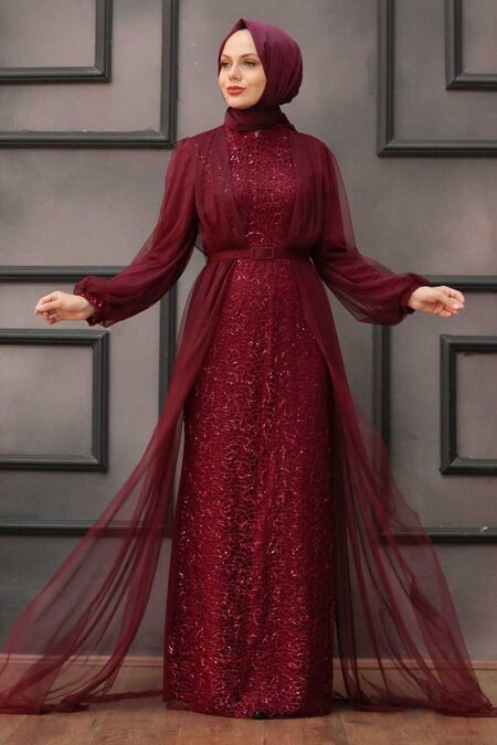Luxorious Dark Claret Red Islamic Evening Gown 5383KBR - Neva-style.com