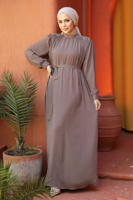 Dark Mink Modest Prom Dress 25681KV - Neva-style.com