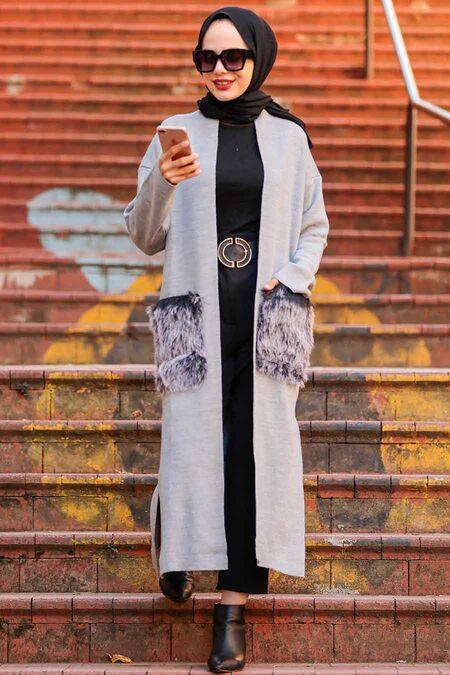 Grey Hijab Knitwear Cardigan 4379GR - Neva-style.com