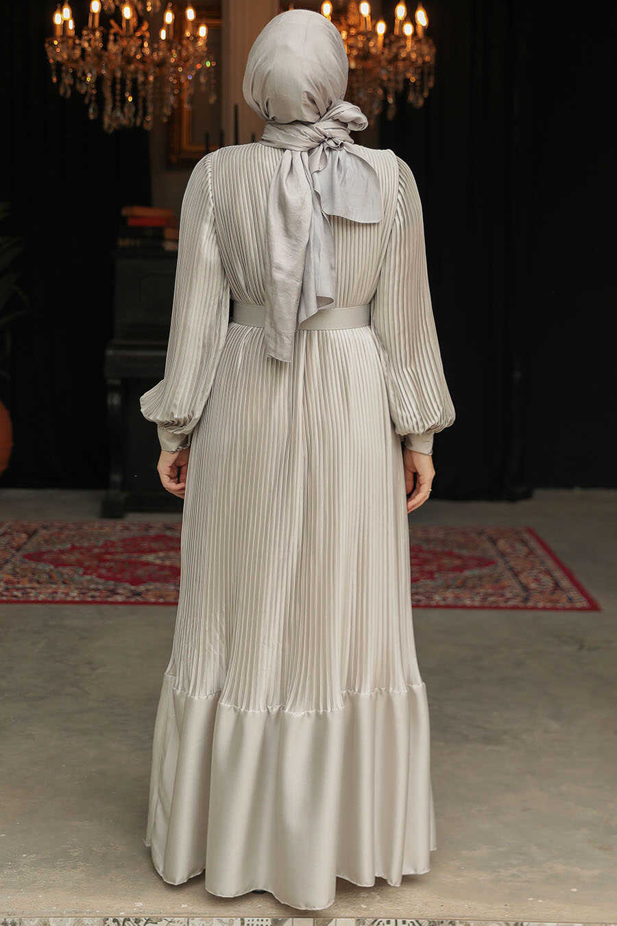 Modest Beige Pleated Maxi Dress 43532BEJ - Neva-style.com