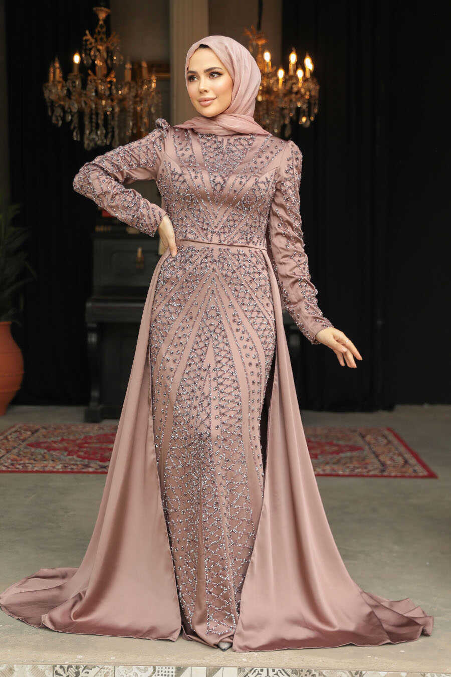 Modest Dusty Rose Satin Evening Dress 45961GK - Neva-style.com