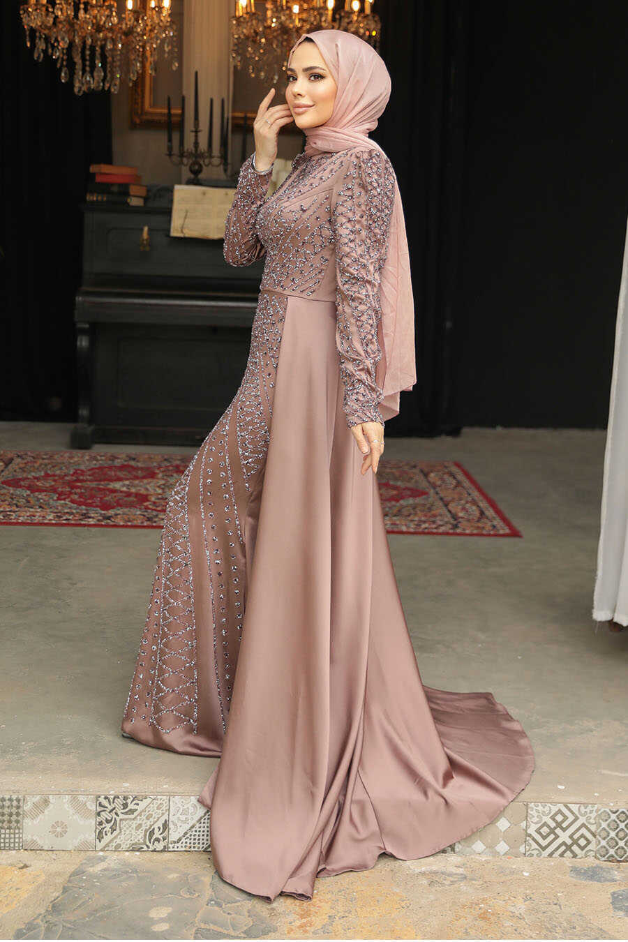Modest Dusty Rose Satin Evening Dress 45961GK - Neva-style.com