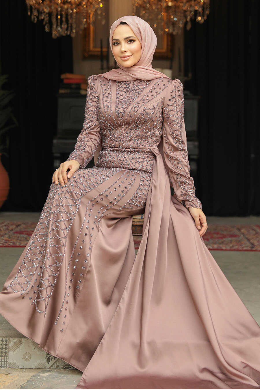 Modest Dusty Rose Satin Evening Dress 45961GK - Neva-style.com