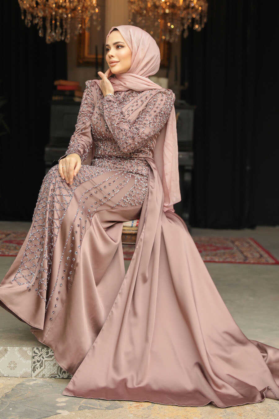 Modest Dusty Rose Satin Evening Dress 45961GK - Neva-style.com