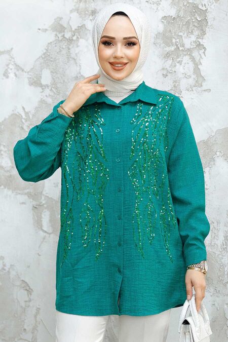 Modest Emerald Green Shirt Top 45280ZY - Neva-style.com