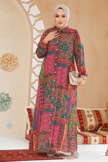 Modest Fuchsia Plus Size Dress 19505F - Neva-style.com
