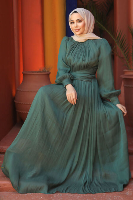 Modest Green Long Sleeve Evening Dress 46221Y - Neva-style.com