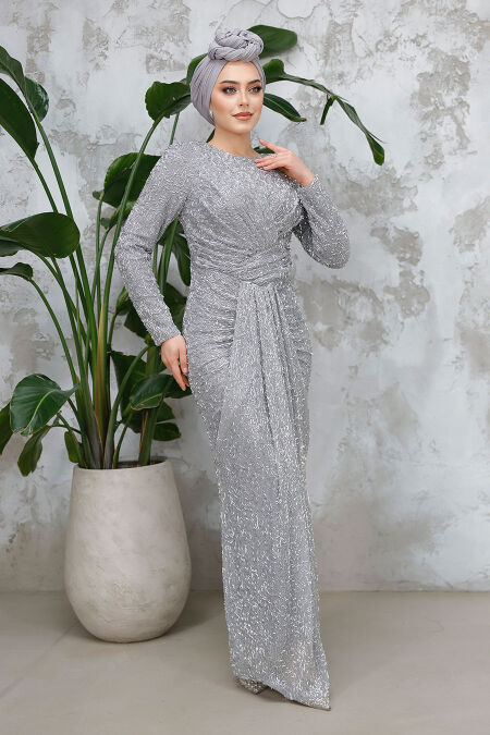 Modest Grey Evening Dress 50371GR - Neva-style.com