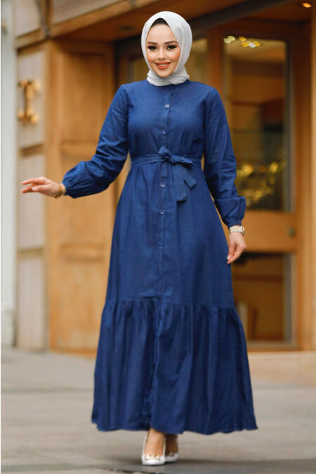 Modest Navy Blue Denim Long Dress 19107L - Neva-style.com