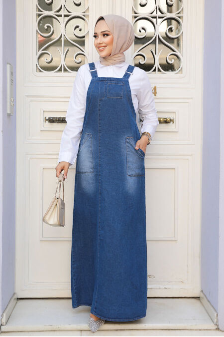 Modest Navy Blue Denim Salopet Dress 19020L - Neva-style.com