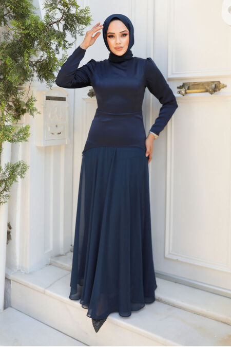 Modest Navy Blue Long Dress 59761L - Neva-style.com