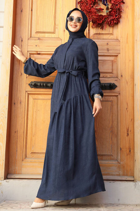 Modest Navy Blue Long Sleeve Dress 60931L - Neva-style.com