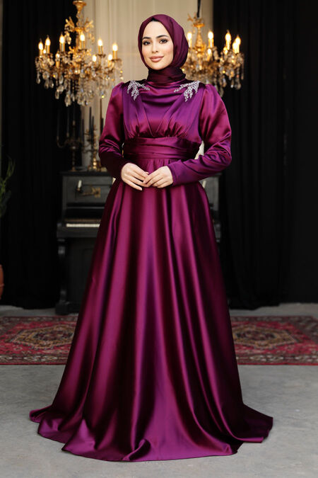 Modest Plum Color Satin Bridesmaid Dress 25880MU - Neva-style.com