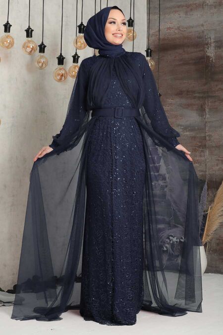 Navy Blue Turkish Hijab Prom Dress 5441L - Neva-style.com