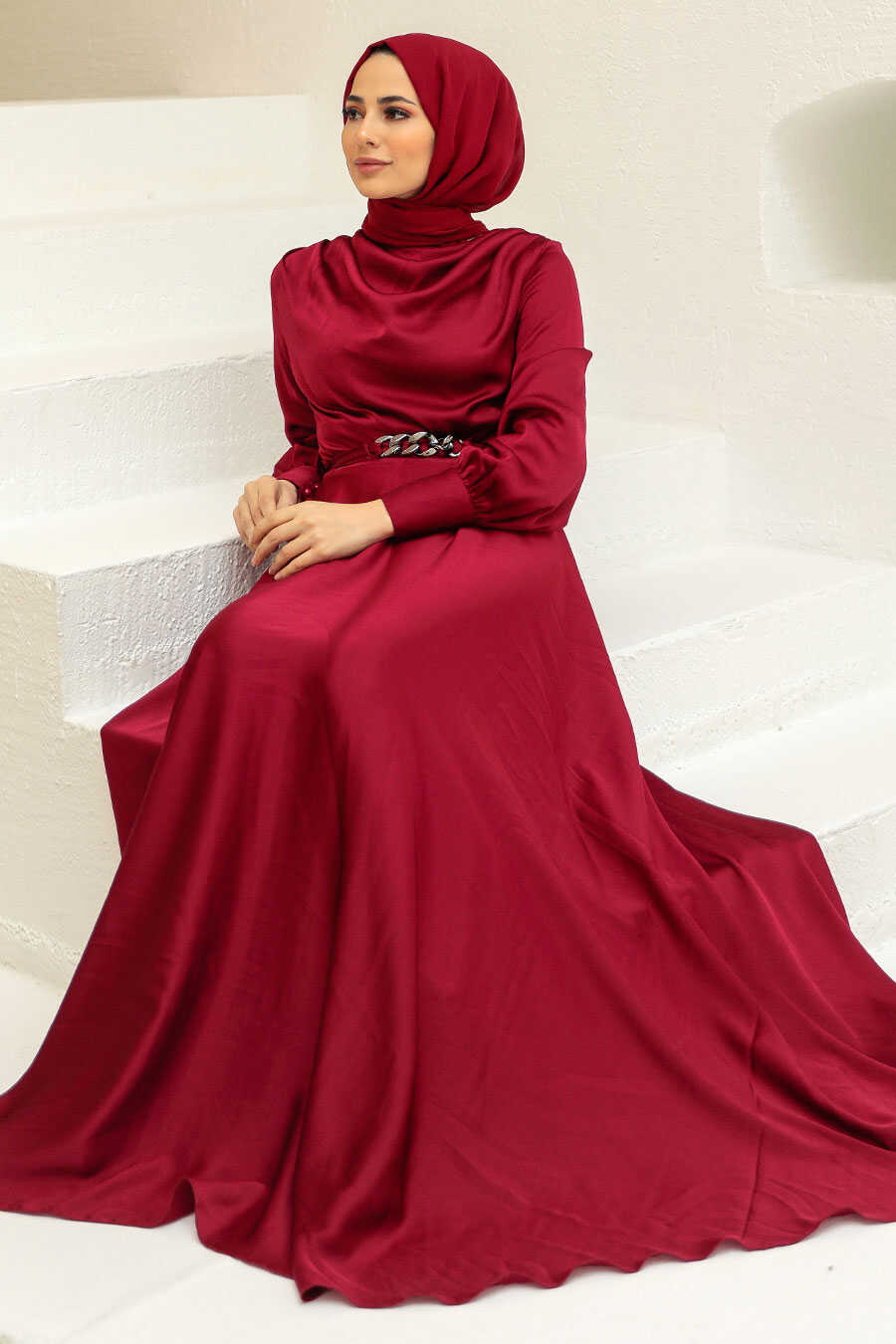 Elegant Claret Red Muslim Engagement Dress 3460BR - Neva-style.com