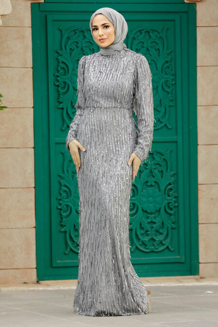Elegant Grey Modest Islamic Clothing Prom Dress 2314GR - Neva-style.com