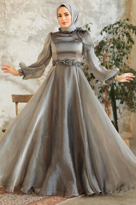 Elegant Grey Turkish Modest Bridesmaid Dress 22310GR - Neva-style.com