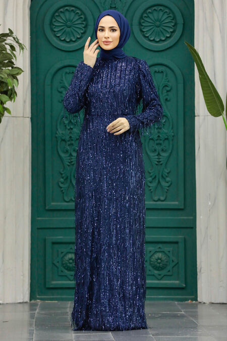 Elegant Navy Blue Modest Islamic Clothing Prom Dress 2314L - Neva-style.com