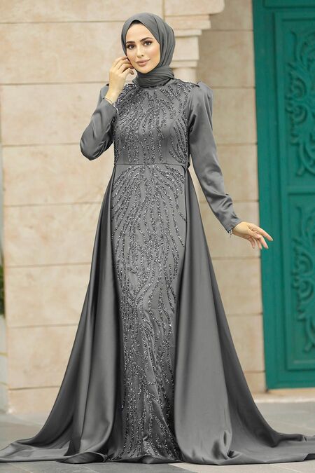Elegant Smoke Color Islamic Wedding Gown 22990FU - Neva-style.com