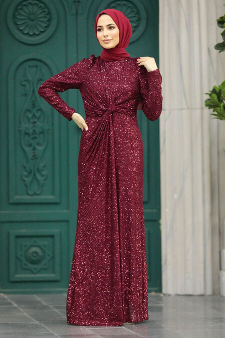Long Claret Red Islamic Engagement Dress 40831BR - Neva-style.com