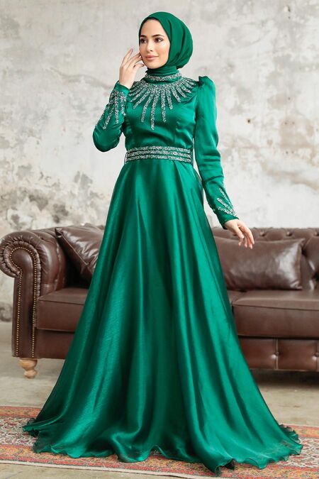 Luxury Emerald Green Muslim Evening Gown 3774ZY - Neva-style.com