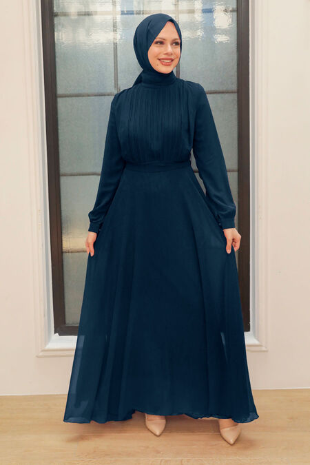 Navy Blue Turkish Hijab Evening Gown 3371L - Neva-style.com