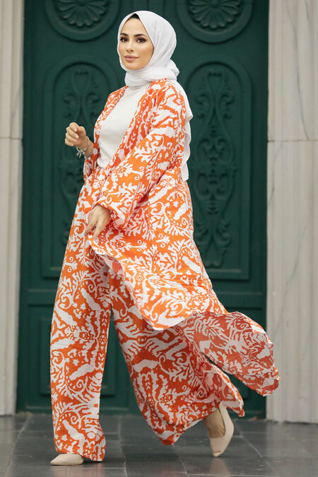 Patterned Orange Hijab For Women Dual Suit 50044T - Neva-style.com