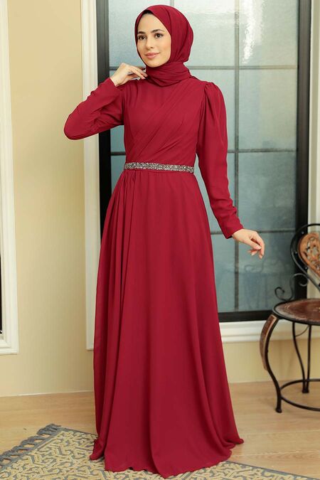 Plus Size Claret Red Islamic Long Sleeve Dress 5737BR - Neva-style.com