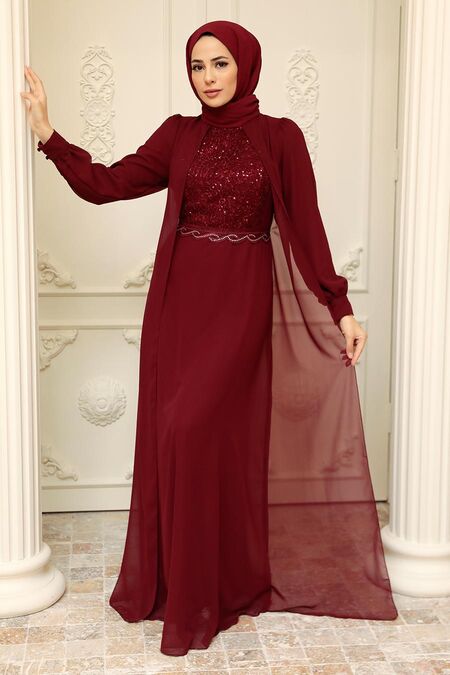 Plus Size Claret Red Muslim Dress 25842BR - Neva-style.com