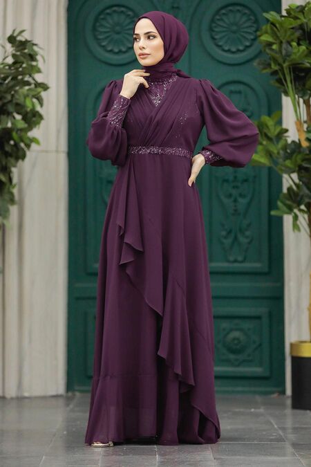 Plus Size Plum Color Islamic Clothing Evening Dress 22201MU - Neva ...