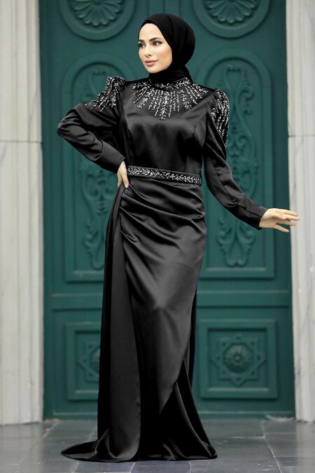 Satin Black Modest Islamic Clothing Evening Dress 41312S - Neva-style.com