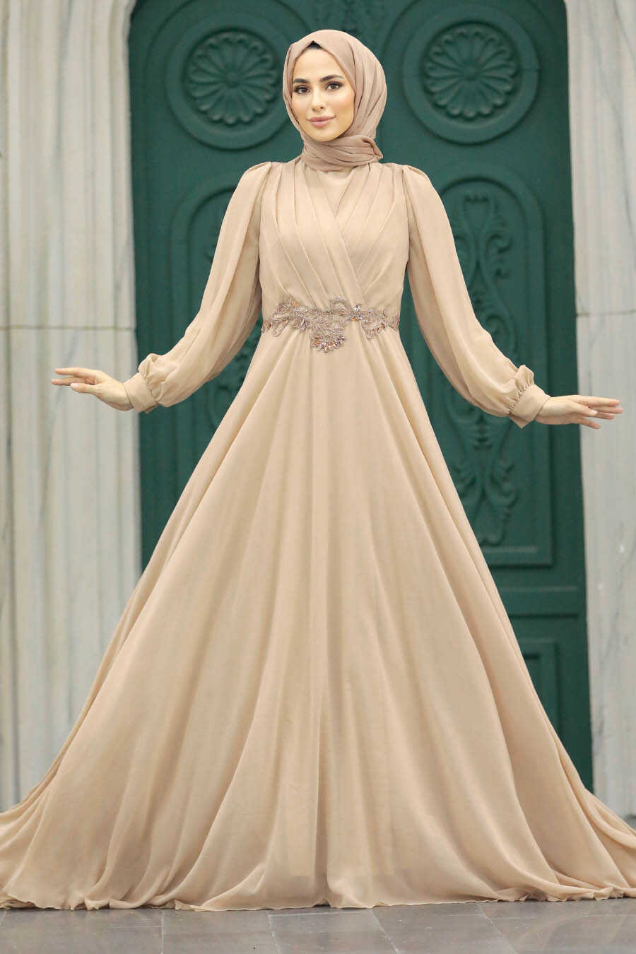 Stylish Beige Islamic Evening Gown 3435BEJ - Neva-style.com