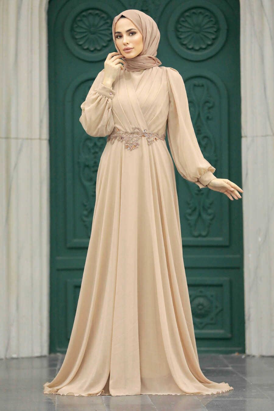 Stylish Beige Islamic Evening Gown 3435BEJ - Neva-style.com