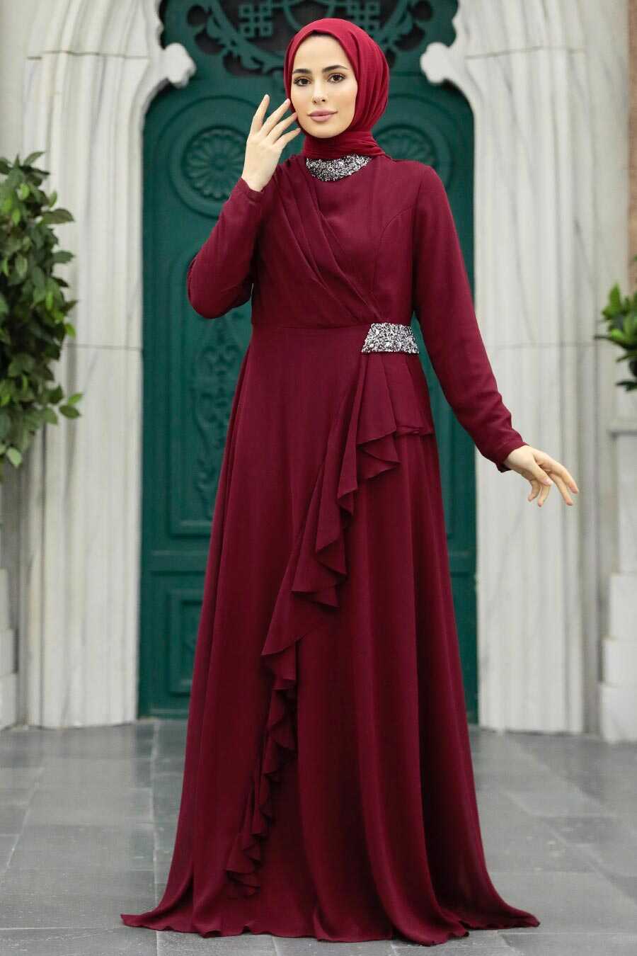 Stylish Claret Red Islamic Evening Dress 25850BR - Neva-style.com
