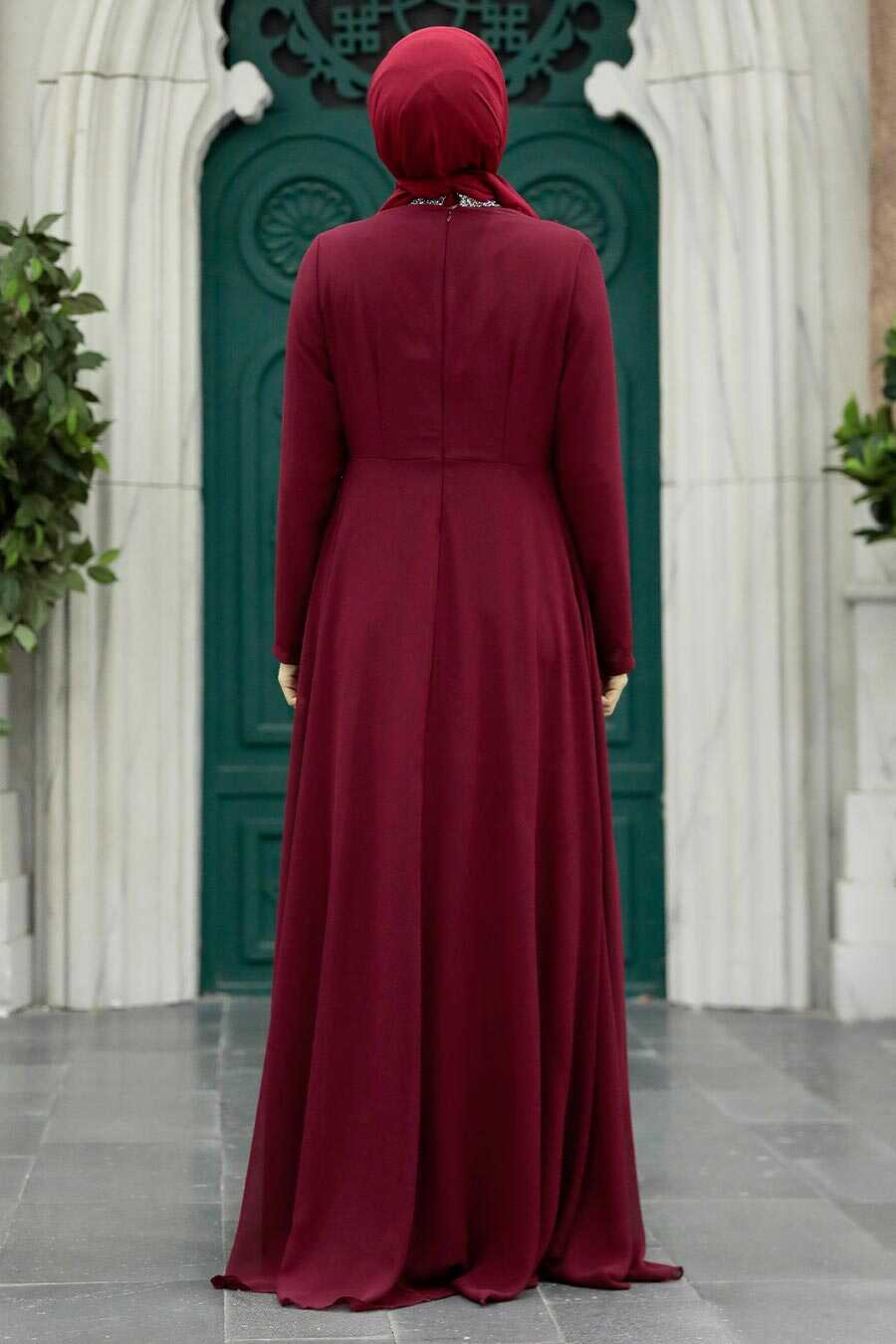 Stylish Claret Red Islamic Evening Dress 25850BR - Neva-style.com